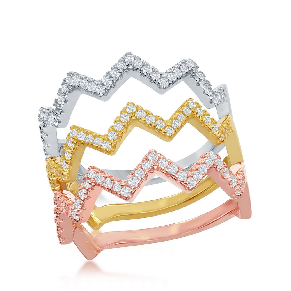 iJewelry2 Tri-color Sterling Silver Clear CZ Wavy Triple Band Ring Size ...