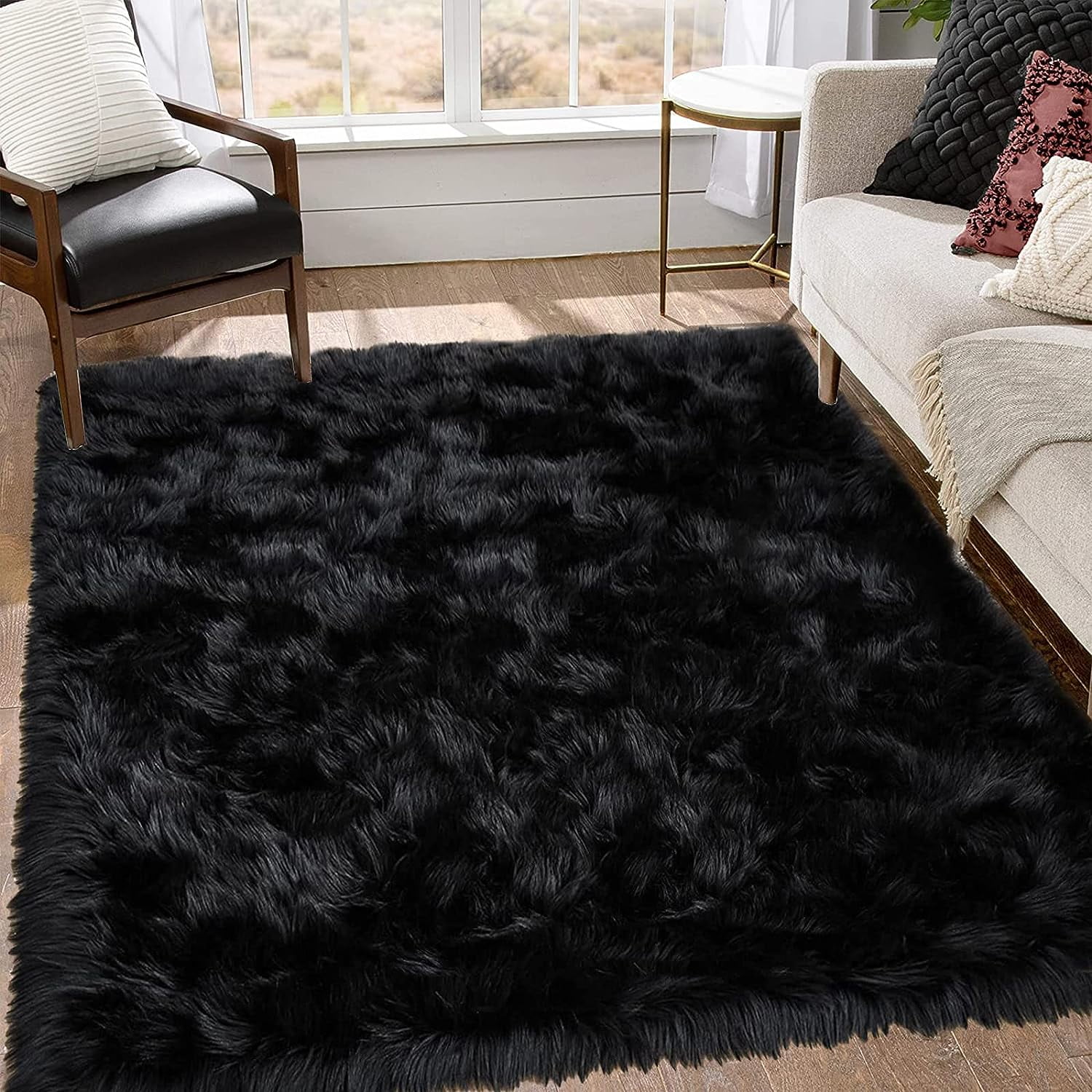 iLieber Sheepskin Soft Fluffy Fur 10x14 Black Area Rug, Fuzzy Rug ...