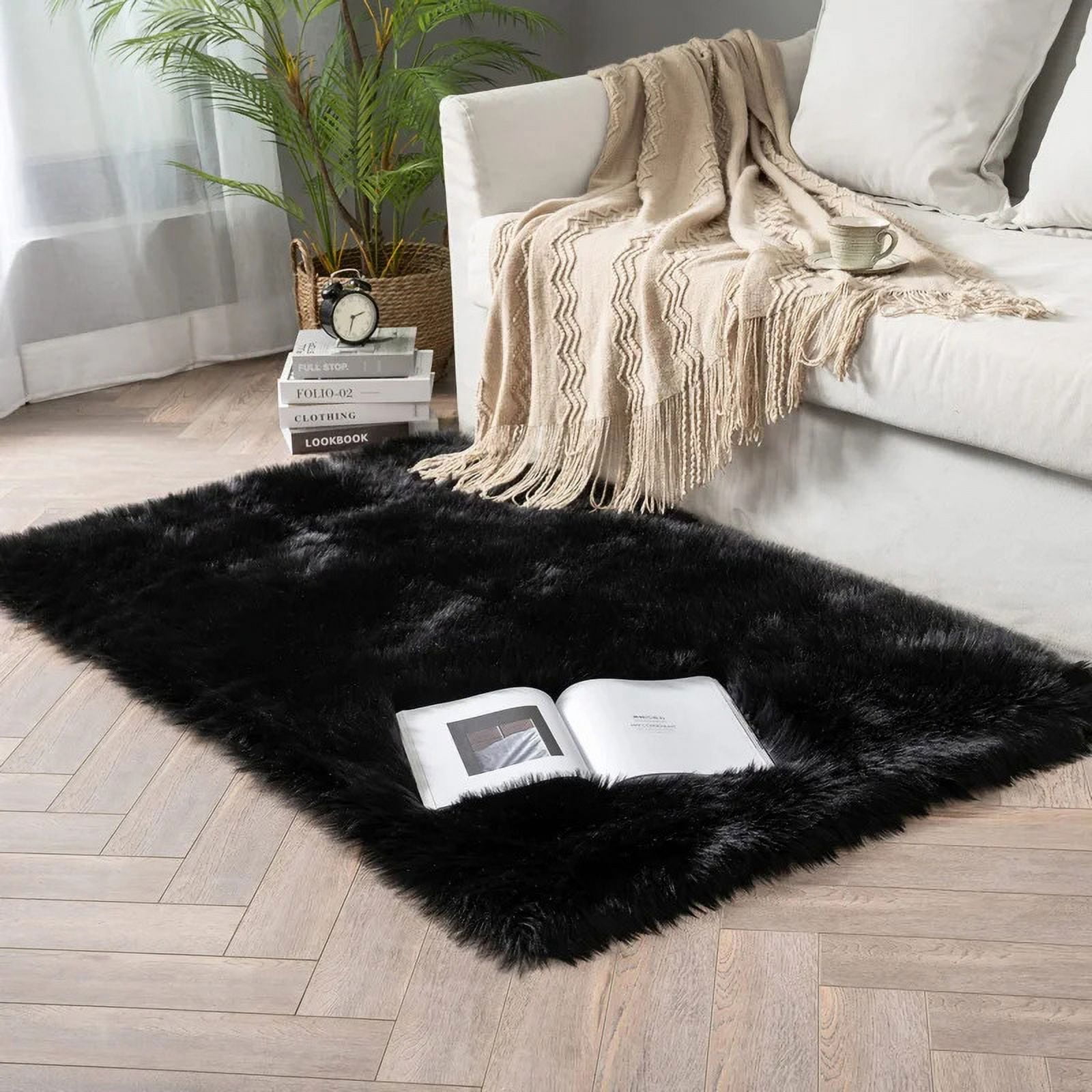 iLieber Sheepskin Soft Fluffy Fur 3x4 Black Area Rug, Fuzzy Rug ...