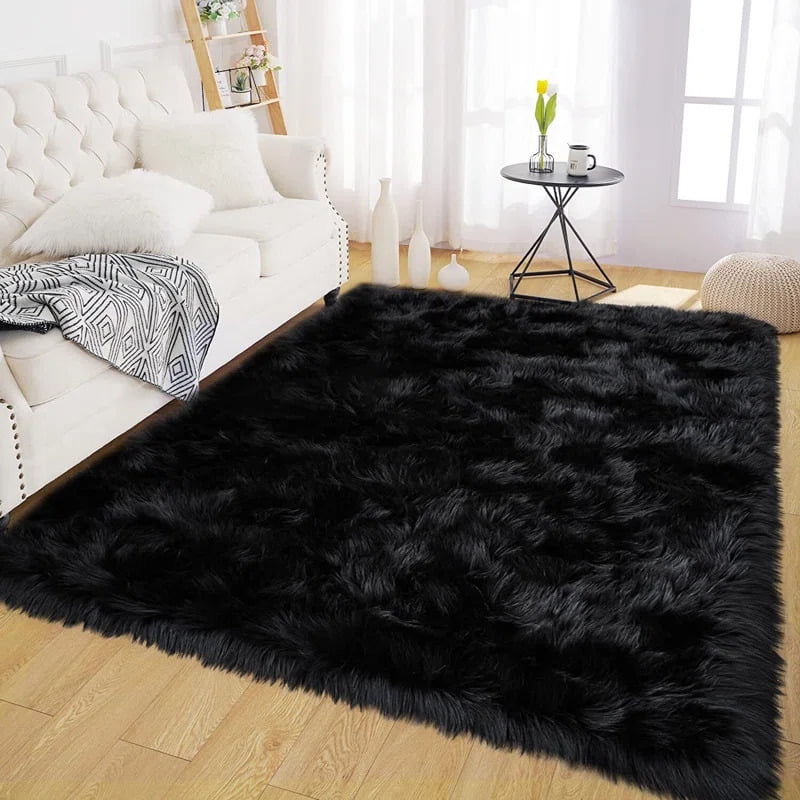 iLieber Sheepskin Soft Fluffy Fur 5x6.7 Black Area Rug, Fuzzy Rug ...