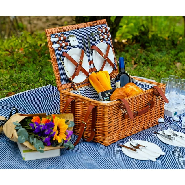 iLivin Hand-Woven Wicker Picnic Set for 4, with Insulated Cooler Bag ...