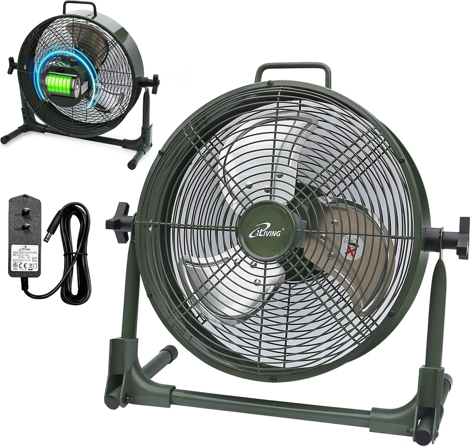 iLiving Rechargeable Battery Operated Camping Floor Fan, High Velocity ...