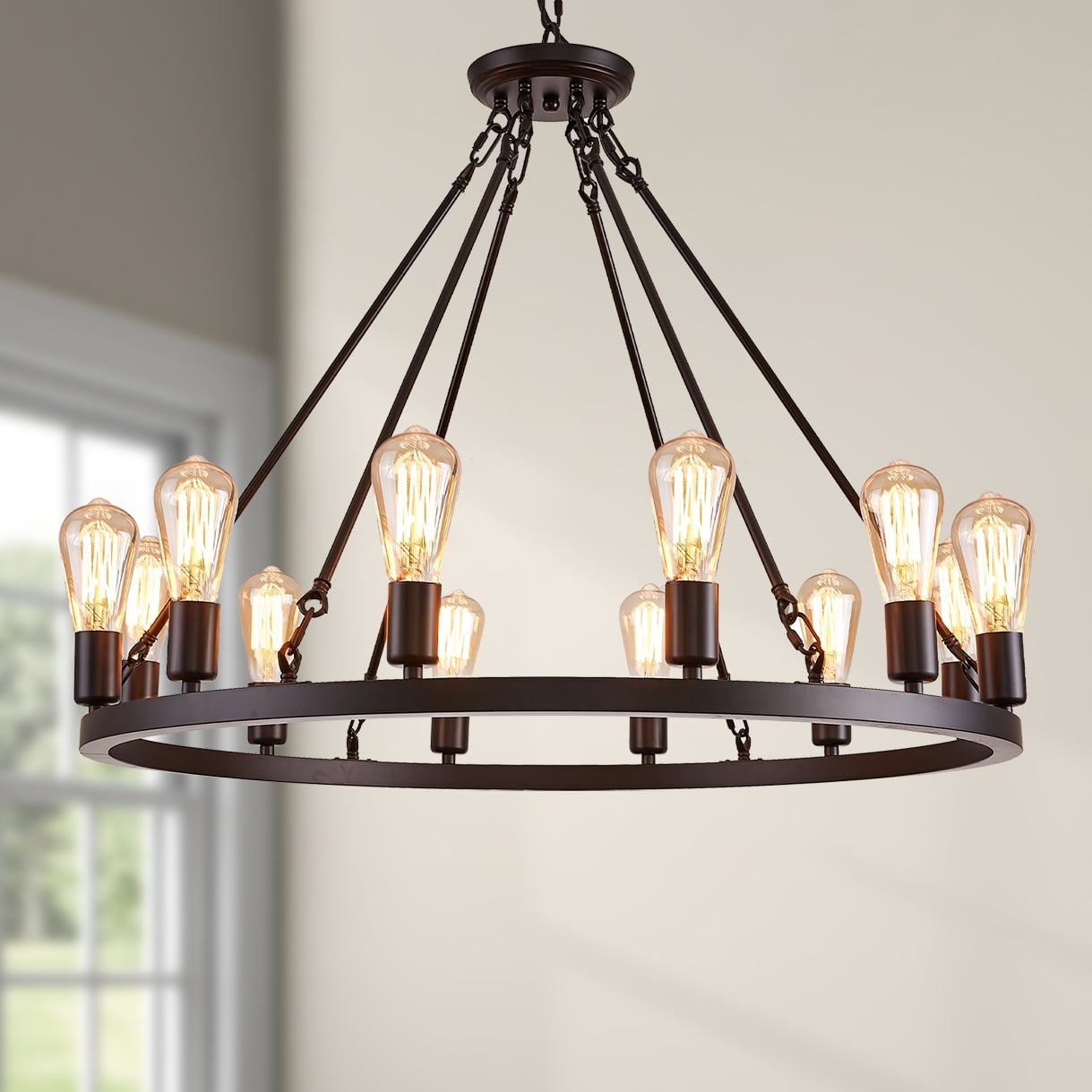 iMeshbean 12 Lights Industrial Farmhouse Chandelier Black Wagon Wheel ...