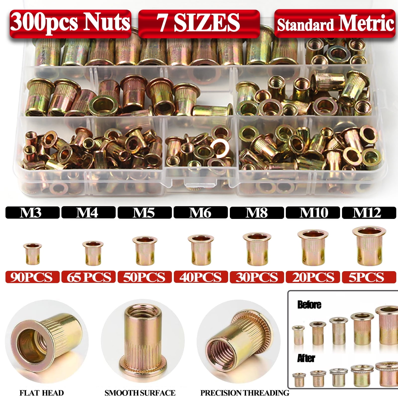 iMeshbean 300Pcs Rivet Nuts M3 M4 M5 M6 M8 M10 M12 Flat Head Threaded ...