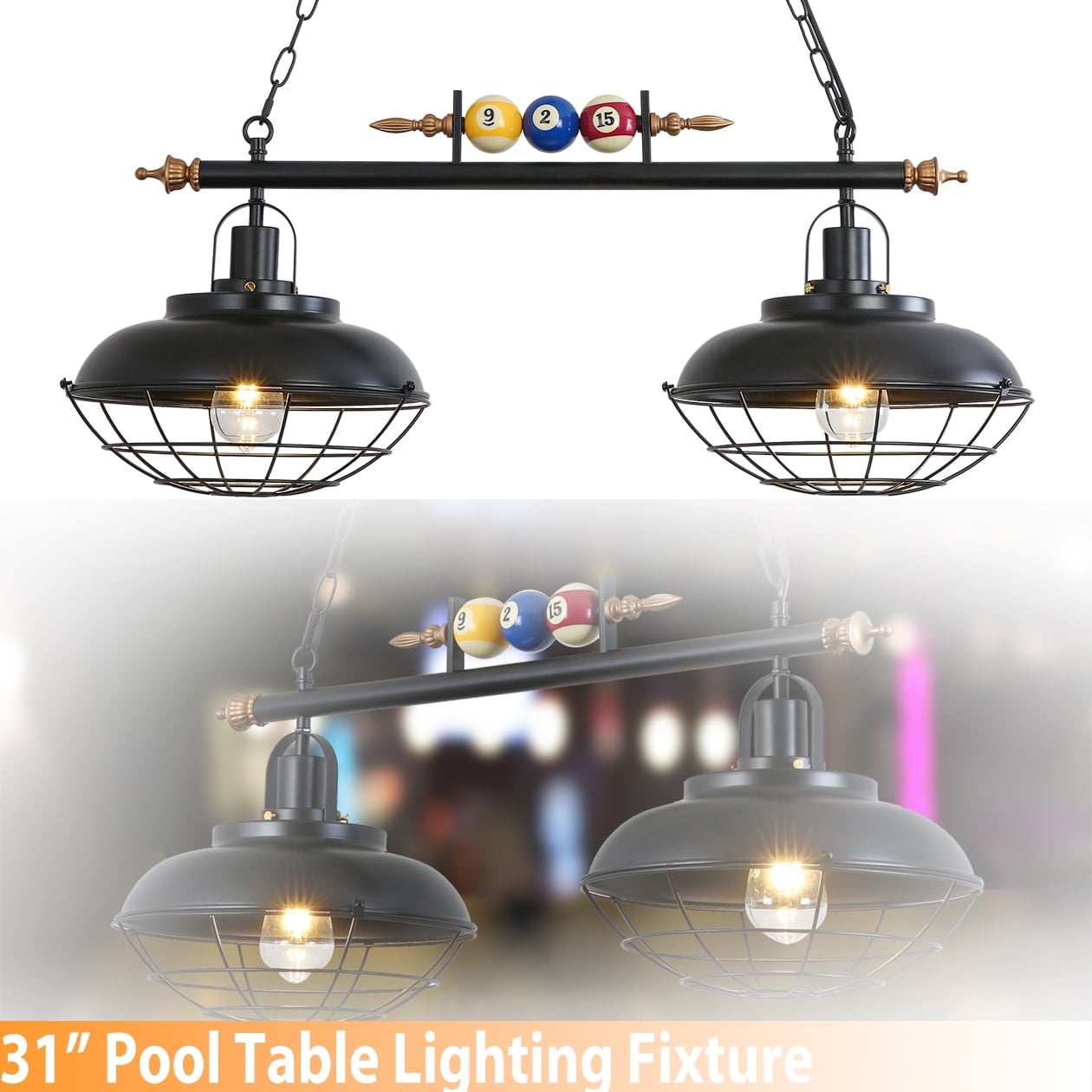 iMeshbean 31" 2 Lights Pool Table Ceiling Lamp with Real Billiard Ball ...