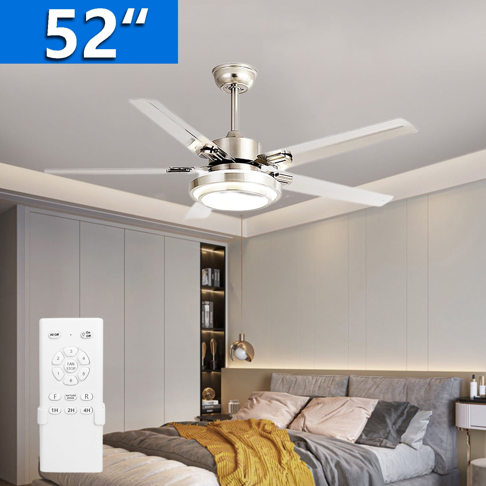 iMeshbean 52" LED Invisible Ceiling Fan Light, Retractable Lamp with ...