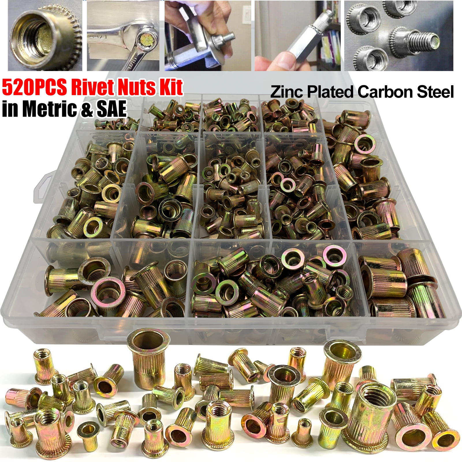 iMeshbean 520PCS Zinc Steel Rivet Nut Rivnut Insert Nutsert Kit SAE ...
