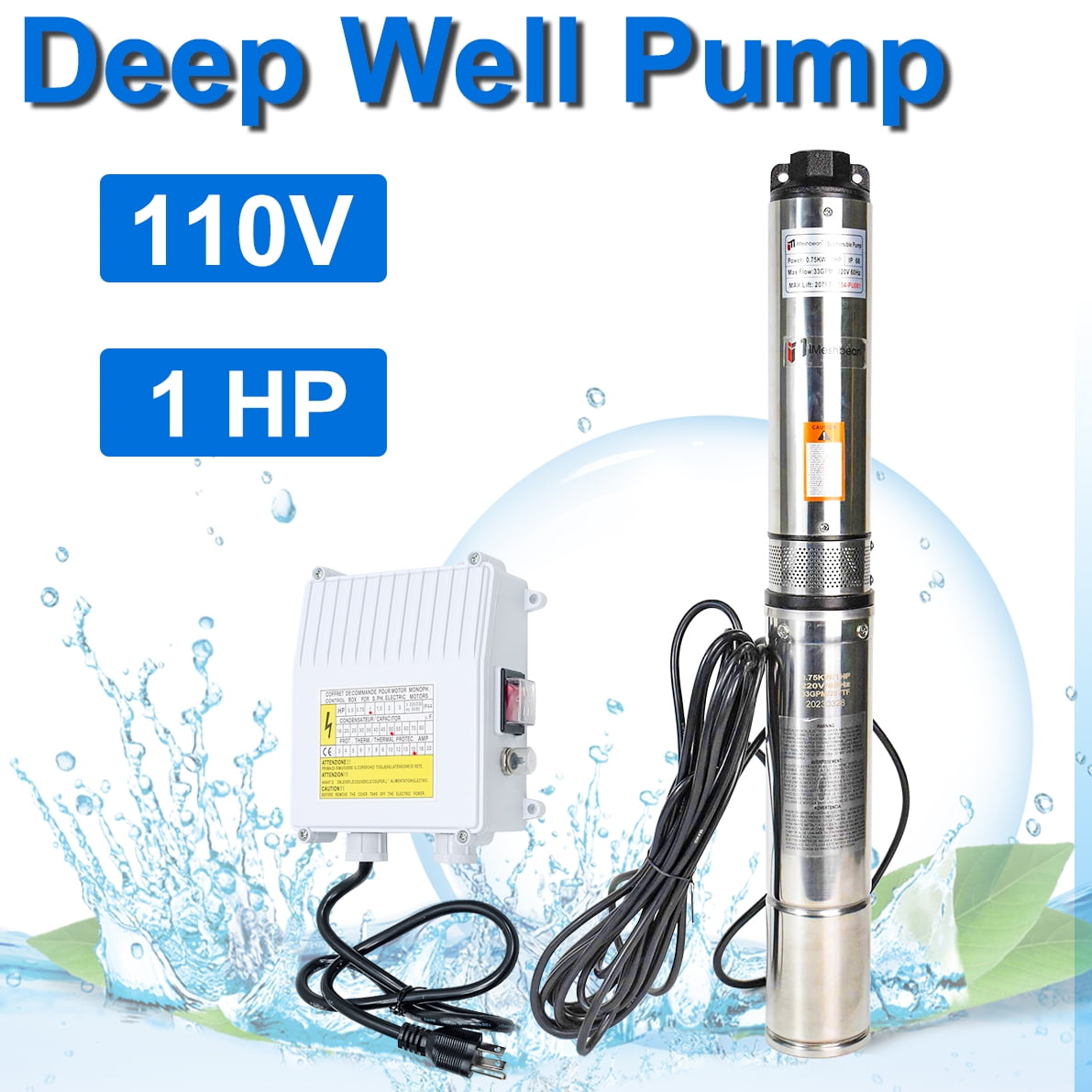 iMeshbean Deep Submersible Well Pump 1HP 33GPM 207ft Head with 100ft Electric Cable,110V 1.5 ...