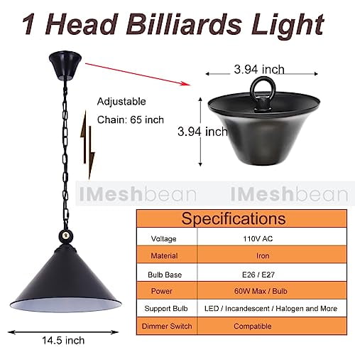 iMeshbean Pool Table Lighting Fixtures Ceiling Lamp 65 inch Adjustale ...