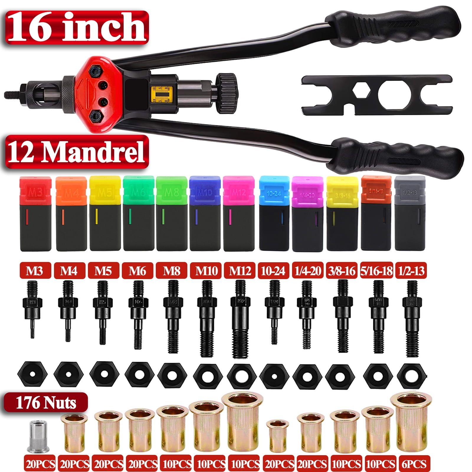 iMeshbean Rivet Nut Tool 16" Rivnut Tool Kit 12 PCS Metric & SAE ...