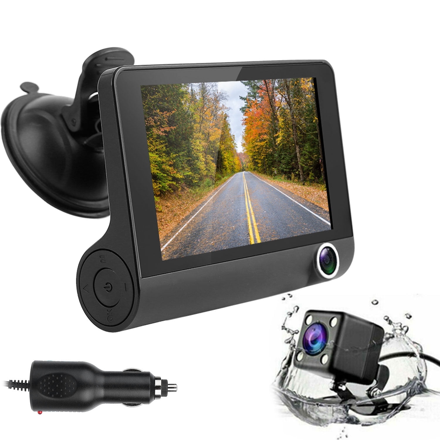 Car DVR Dash Camera with FHD 1080P 4In Touch Screen, 3 Lens Vehicle ...