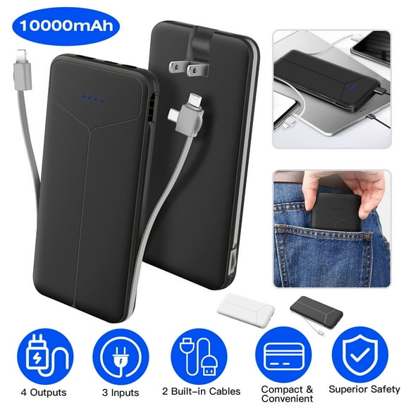 Sanag Portable Charger with AC Wall Plug & Built-in Cables,10000mAh USB ...