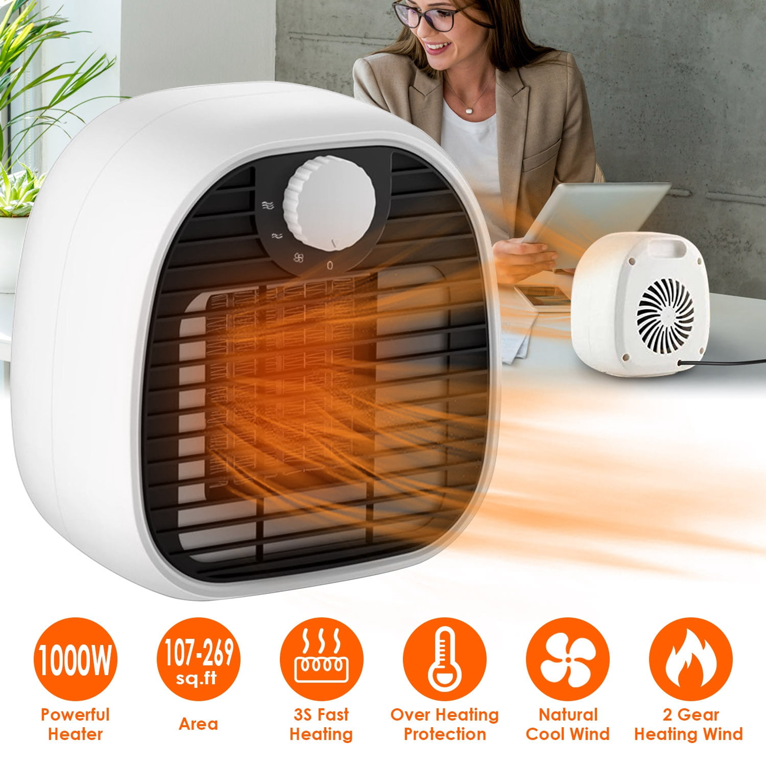 Moclever 1000W Space Heater Portable Electric Heater Cooler 3 Gear PTC ...