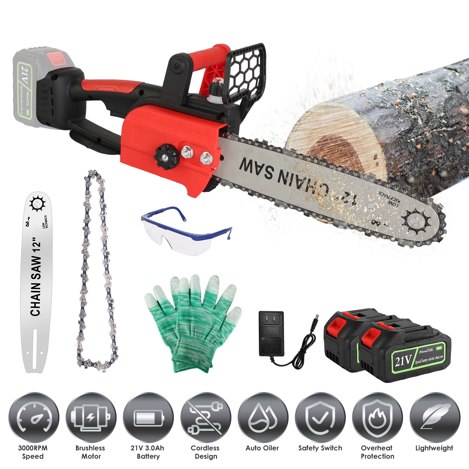iMounTEK 12In Electric Chainsaw with 2Pcs 21V 3.0Ah Battery and Charger ...