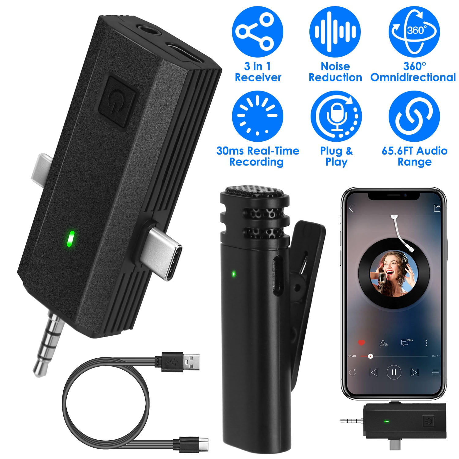 Moclever 1Pcs 3 in 1 Wireless Clip on Microphone Omnidirectional Mic ...
