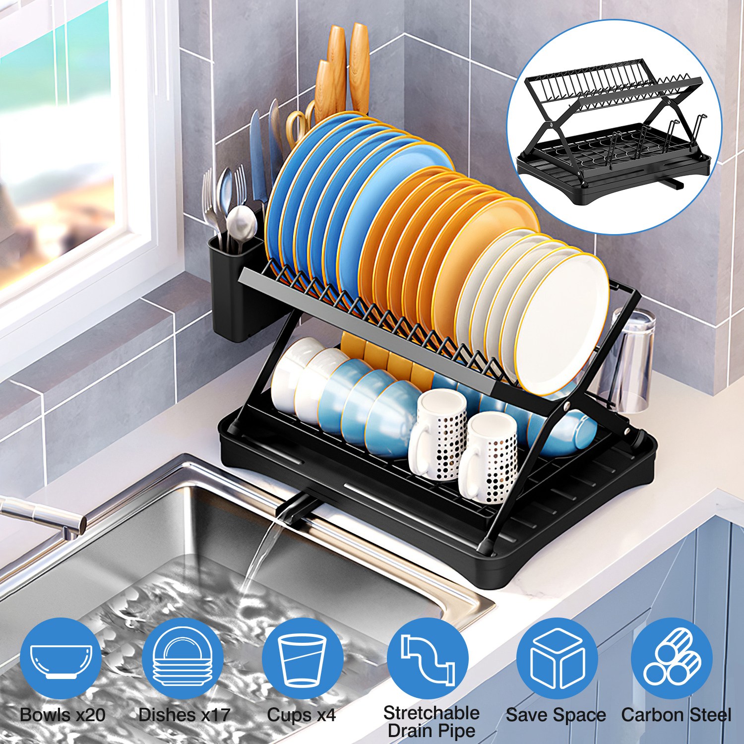 Moclever 2 Tier Dish Organizer, 11.69x16.45x9.84in Dish Drying Rack ...