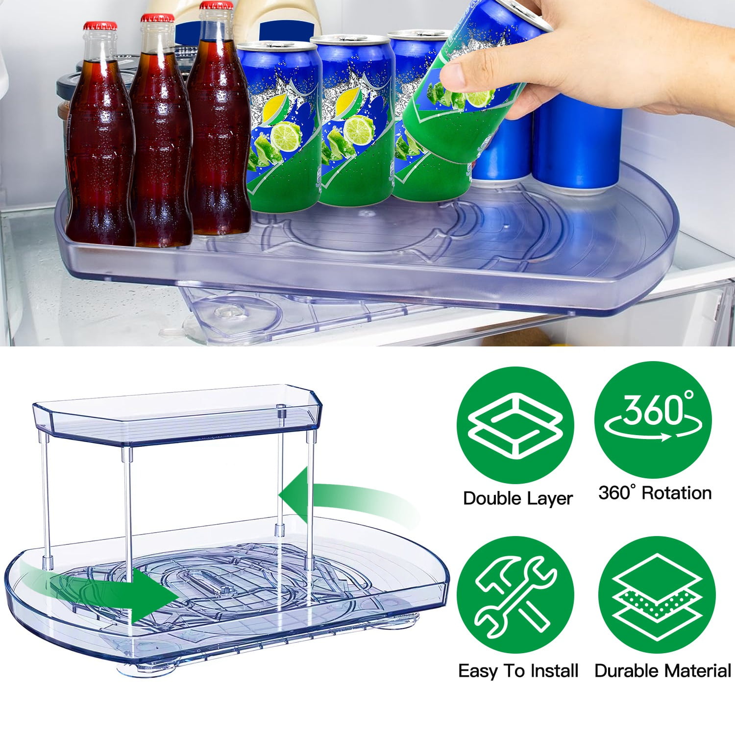 Moclever 2 Tiers Turntable Organizer Rectangular Refrigerator Spinner ...