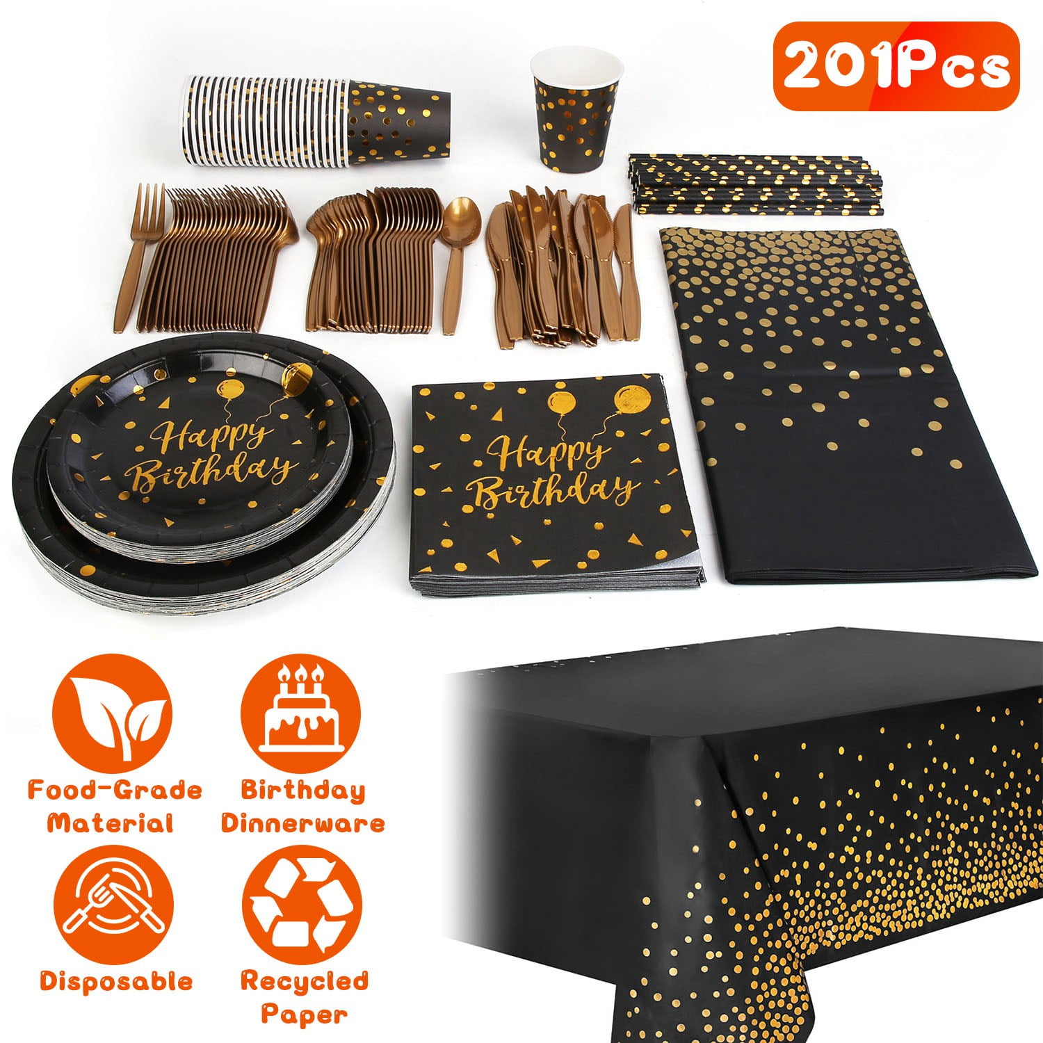 iMounTEK 201 PCS Disposable Party Dinnerware Set Golden Dot Birthday ...