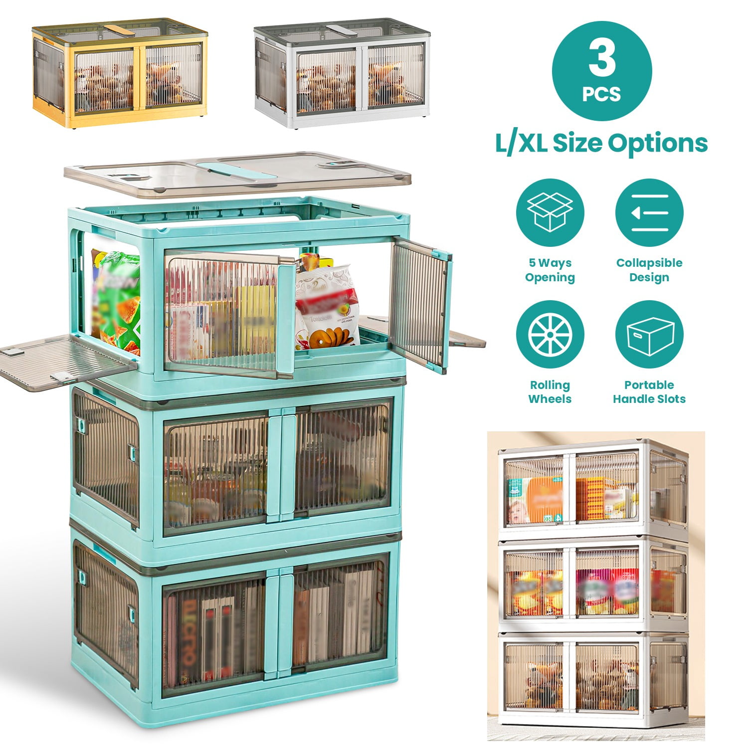 Moclever 3Pcs Foldable Storage Bins with Lid, 30.8L Rolling Storage ...