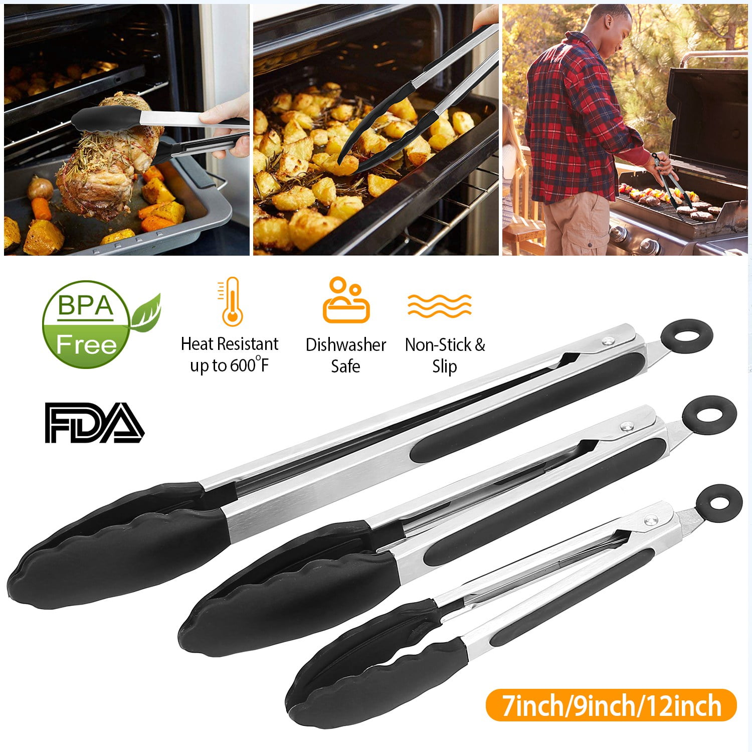 iMounTEK Kitchen Tongs for Grill, Set of 3, Non Stick Silicone Tip ...