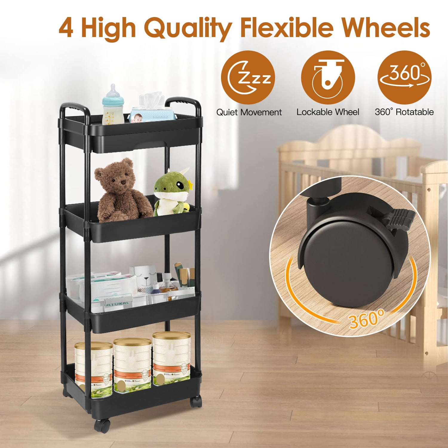 iMounTEK 4-Tier Metal Utility Rolling Cart with Lockable Wheels, Mobile ...