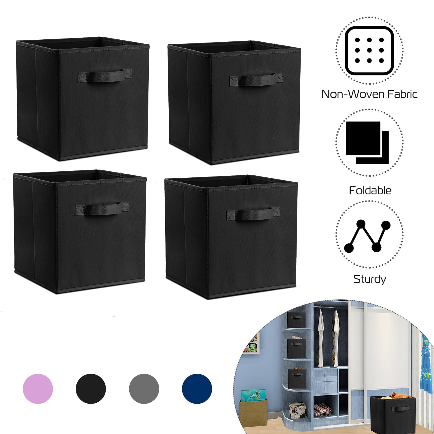 iMounTEK 4 Pack Collapsible Fabric Storage Cubes, Black Boxes - Walmart.com
