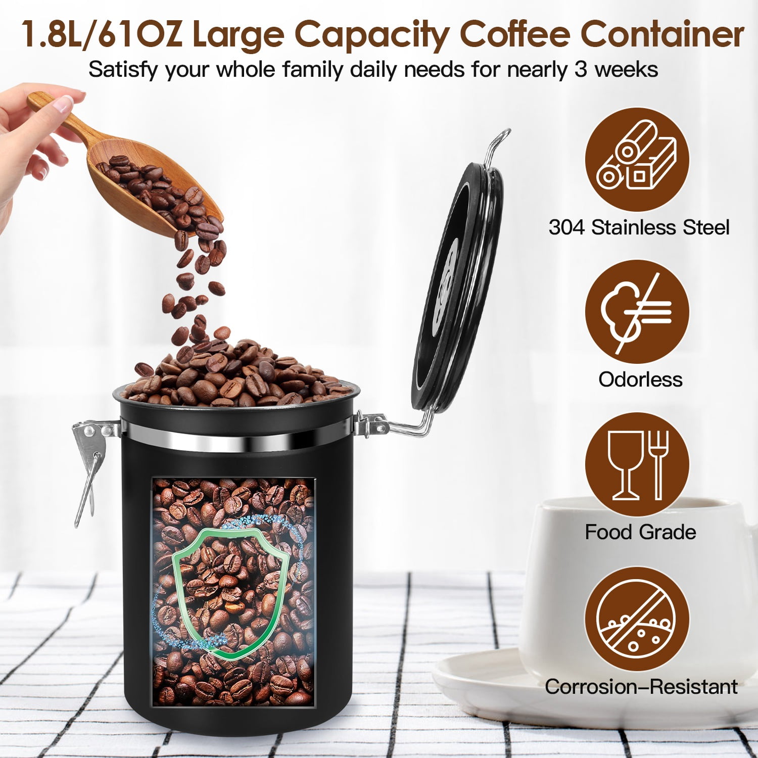 Moclever 61oz Coffee Container Kitchen Stainless Steel Coffee Canister ...
