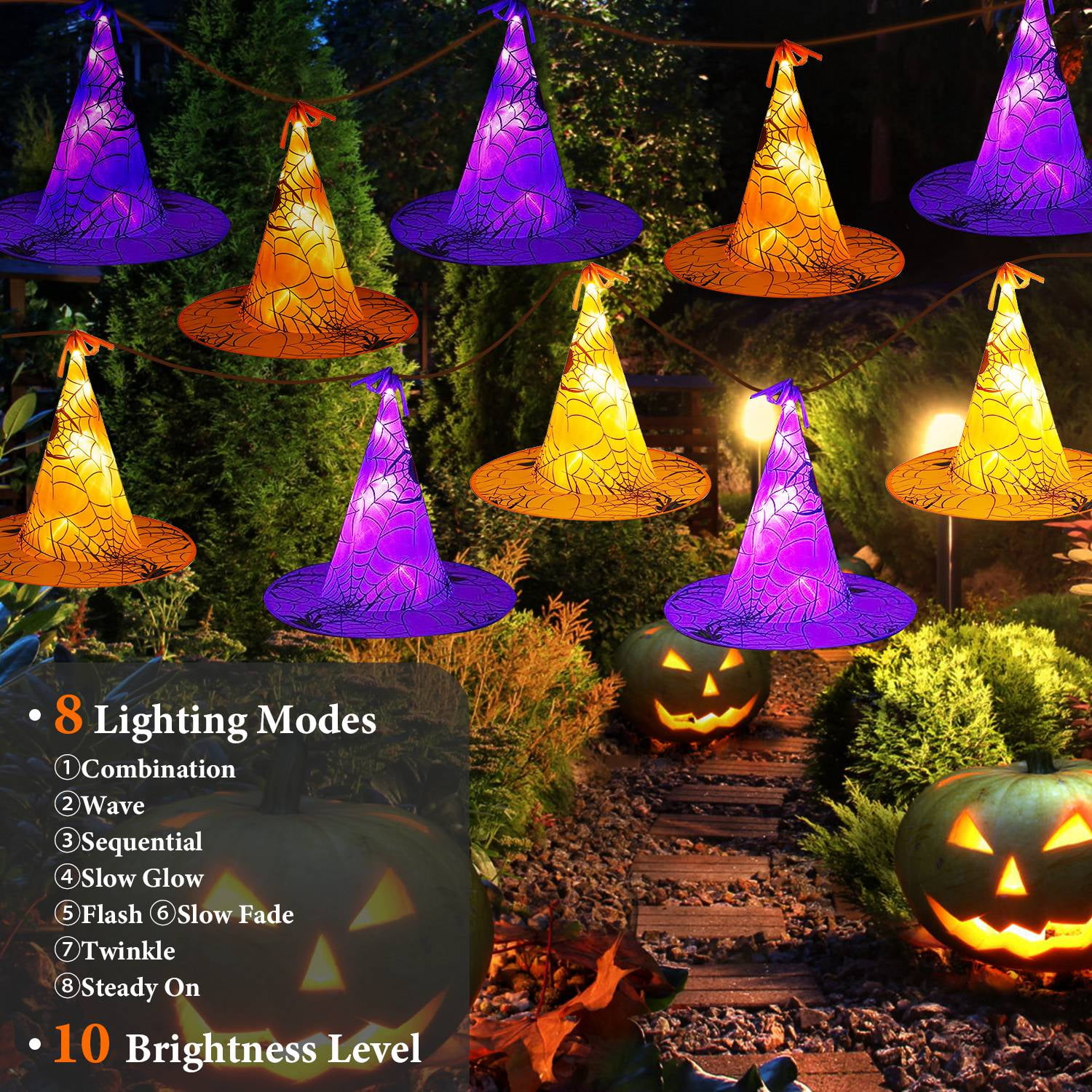 iMounTEK 8 Pcs LED Hanging Witch Hat String Lights, Battery Operated ...
