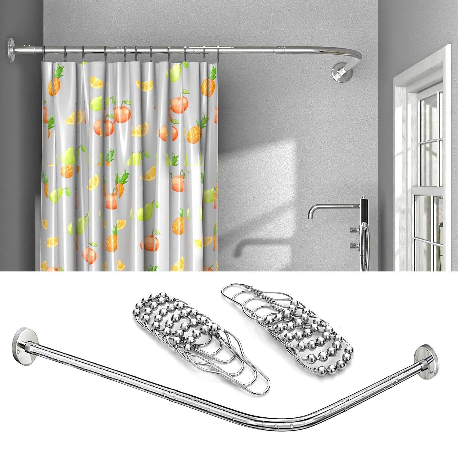 L Shaped Extendable Stainless Corner Curtain Rod Silver Hoop Shower ...