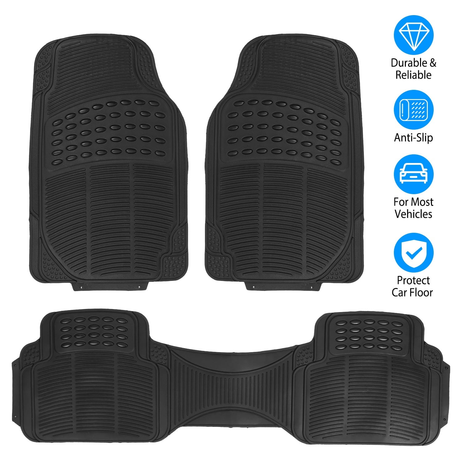 TeqHome Black Rubber Car Floor Mats - All Weather Deep Dish Automotive ...