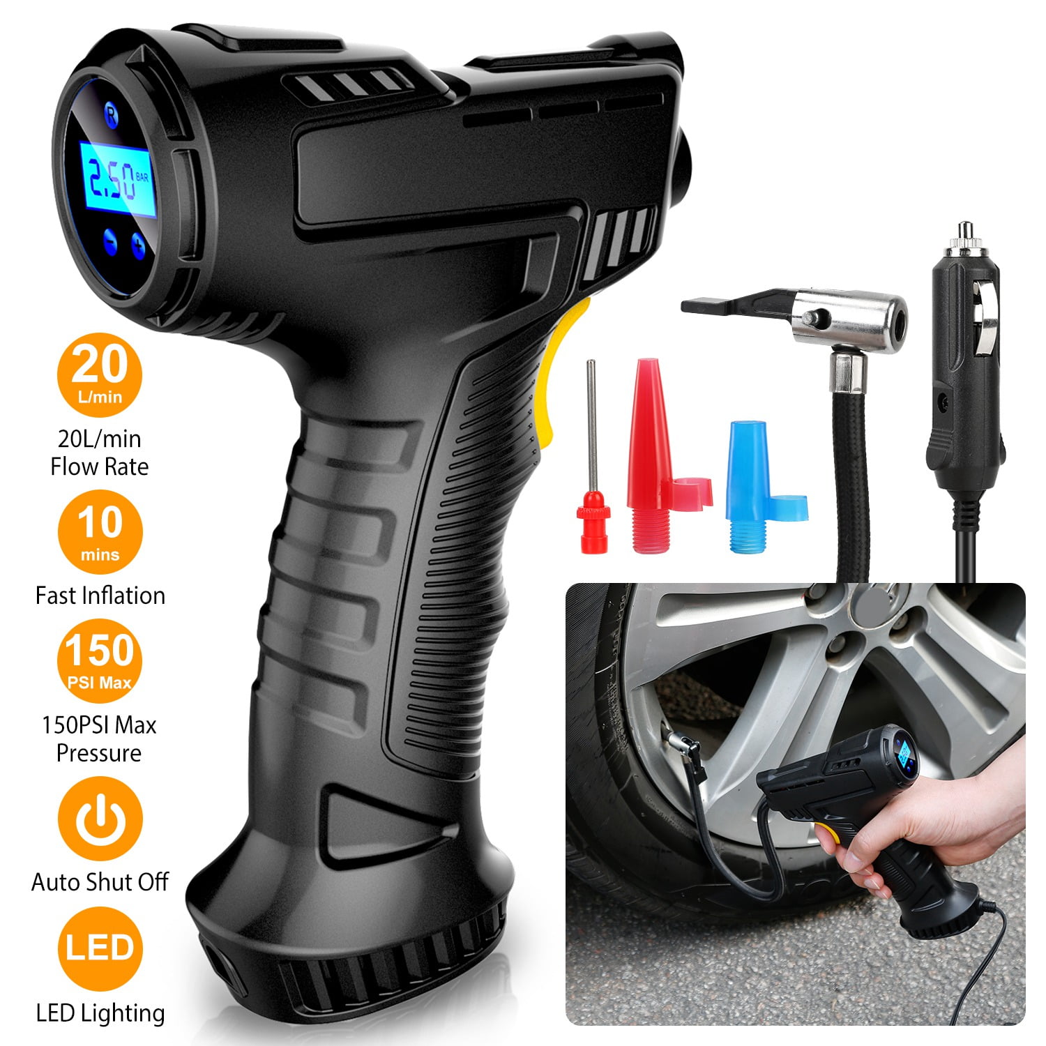 Imountek DC 12V Portable Car Tire Inflator, 150PSI Digital Air Pump ...
