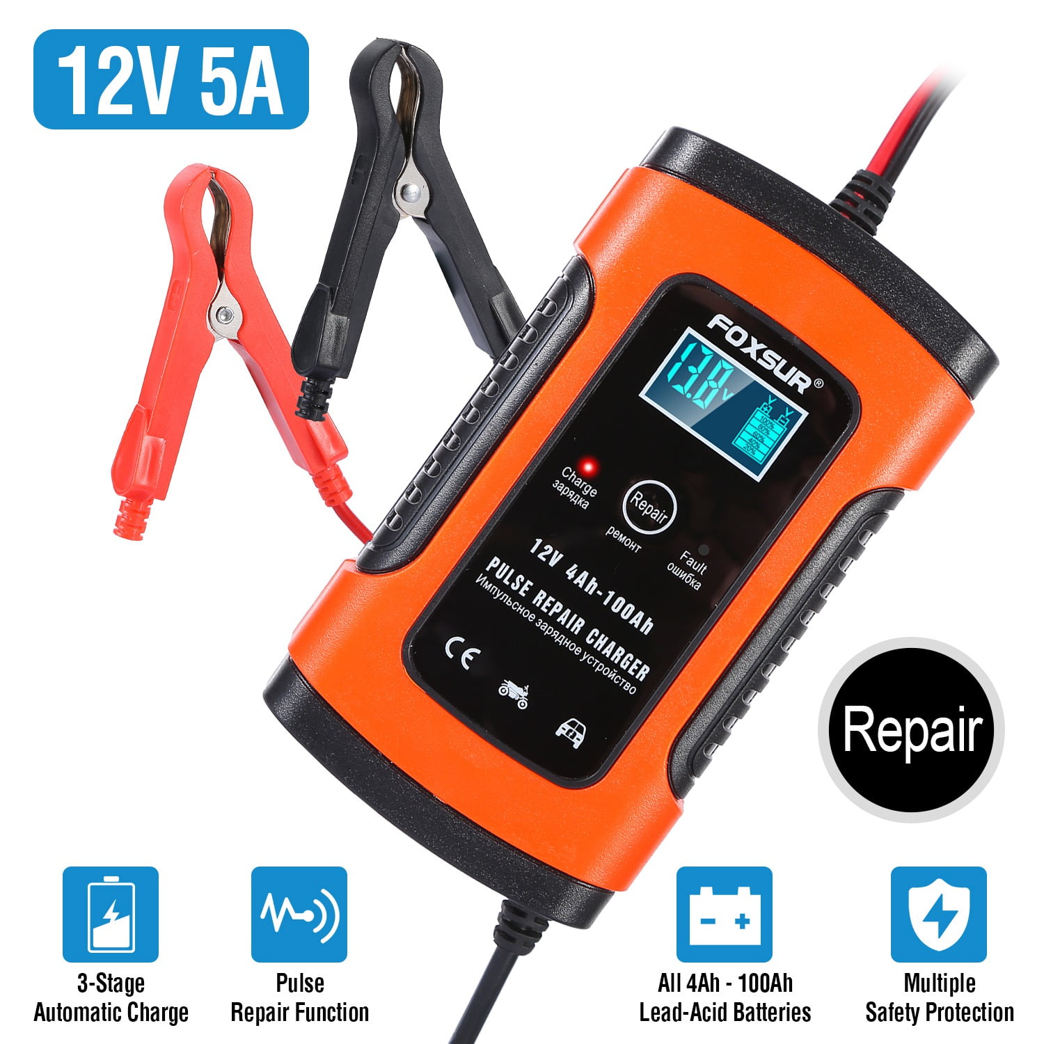 iMounTEK Car Battery Charger 12V 5A LCD Intelligent Auto Motorcycle ...
