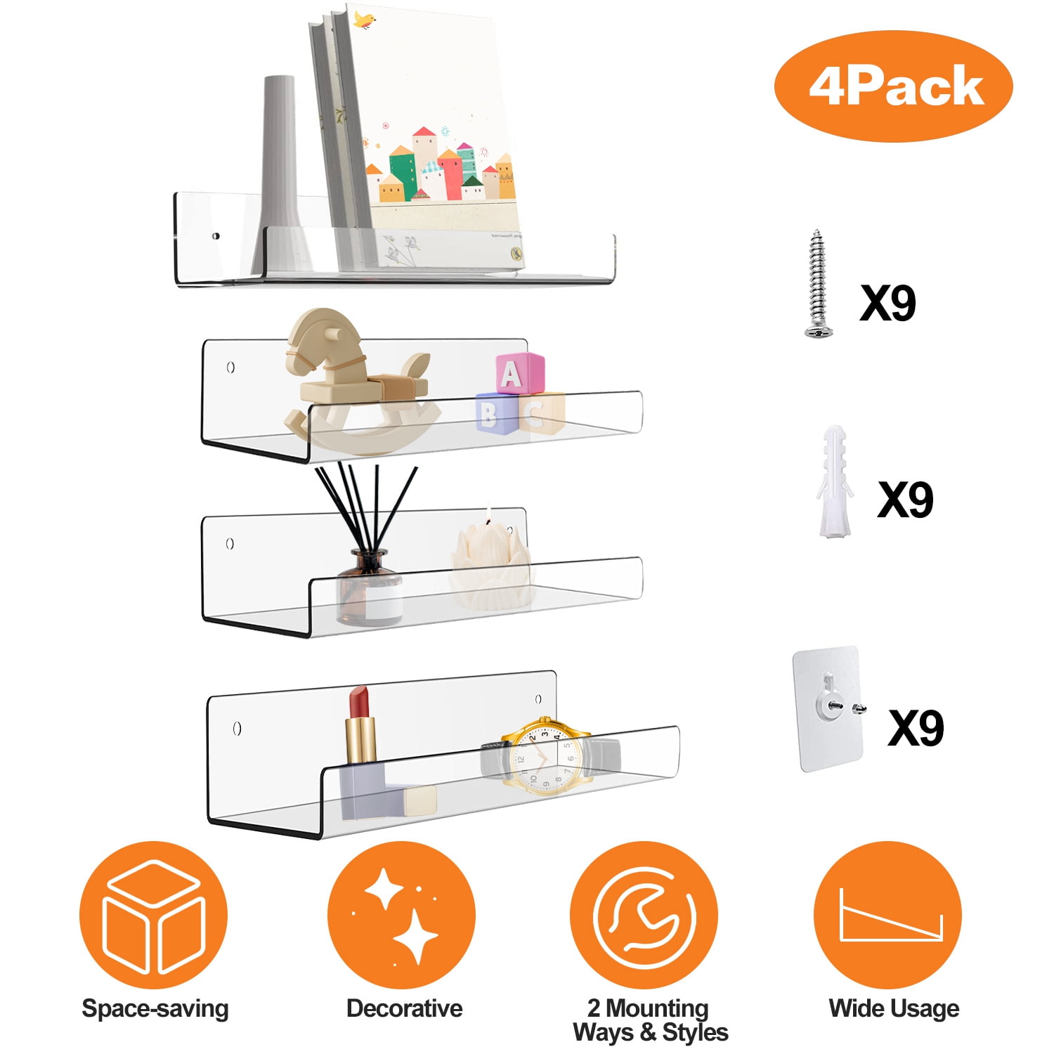 Moclever Clear Acrylic Floating Shelves Set of 4, 15in Bookshelves with ...