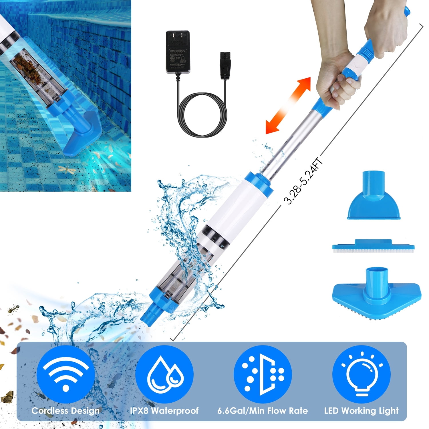 iMounTEK Cordless Pool Vacuum with Telescopic Pole Handheld ...