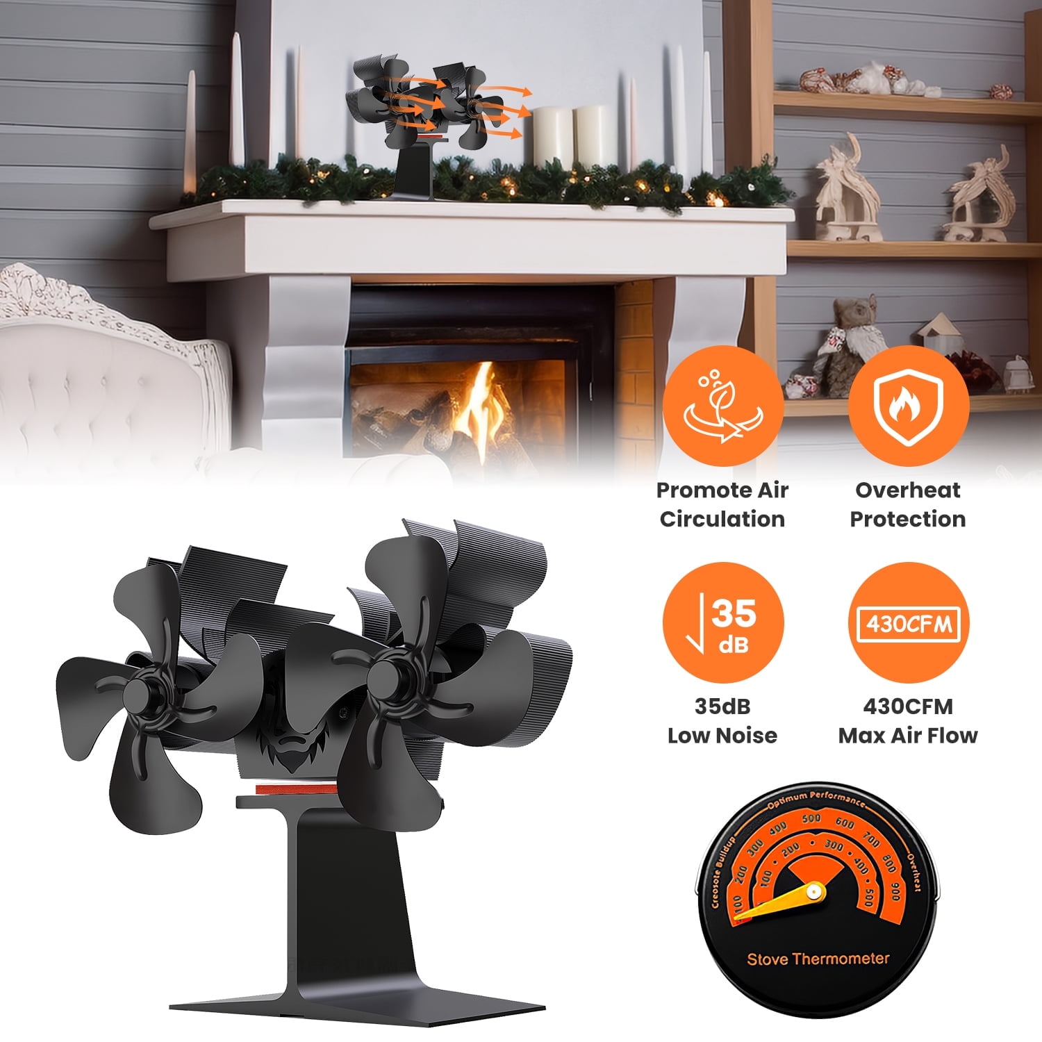 Moclever Heat Powered Wood Stove Fan Dual Motor Thermal Fan with ...