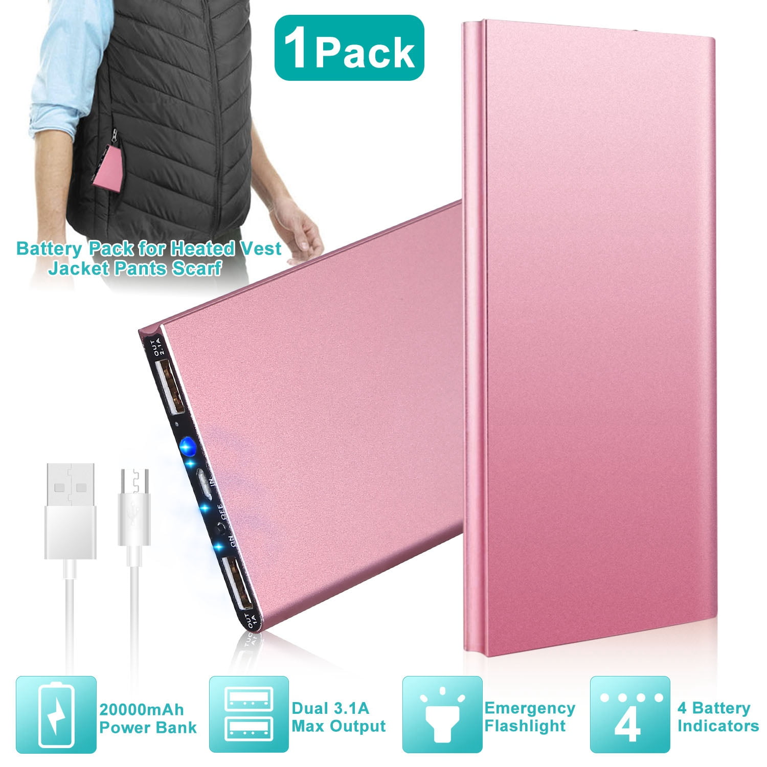 Moclever 20000mAh Heated Vest Power Bank, Dual USB Ports, Rose Gold ...