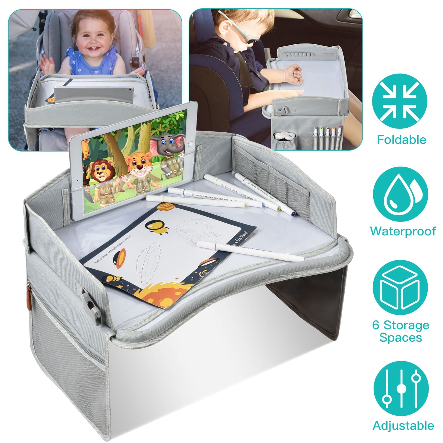 Moclever Kids Travel Tray Toddler Car Seat Lap Tray Foldable Waterproof ...