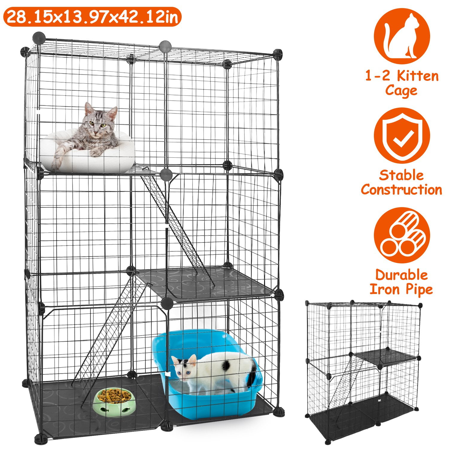 iMounTEK Large 3 Tier Cat Metal Fence, Detachable Crate Kennel with 2 Ladders Large Cat Cage ...