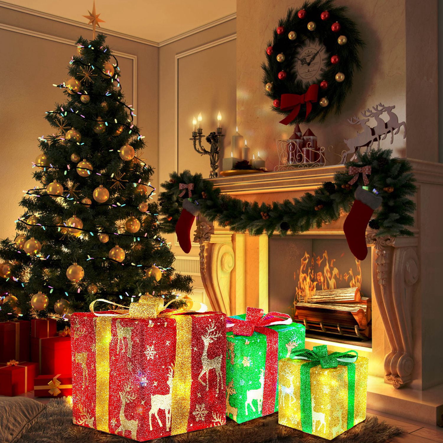 iMounTEK Lighted Gift Boxes Set of 3, 50 LED Christmas Box Decorations ...