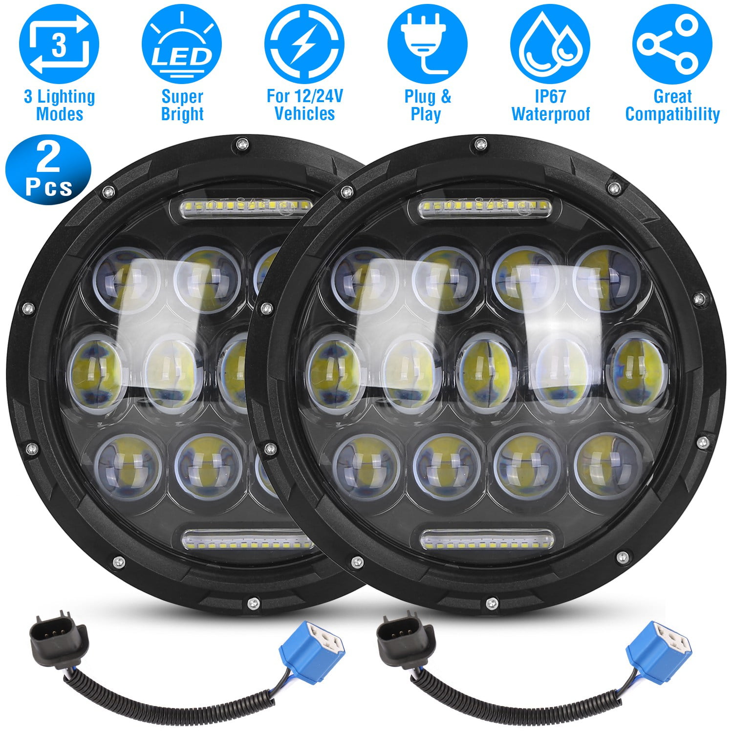 TeqHome Pair 7In Round LED Headlights With DRL High Low Beam for Jeep ...