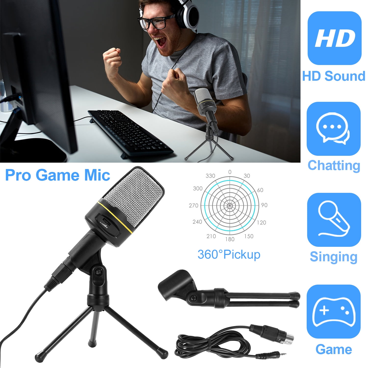 Moclever Pro Condenser Microphone with Tripod Stand, Audio Studio Recording Desktop Mic with 3 ...
