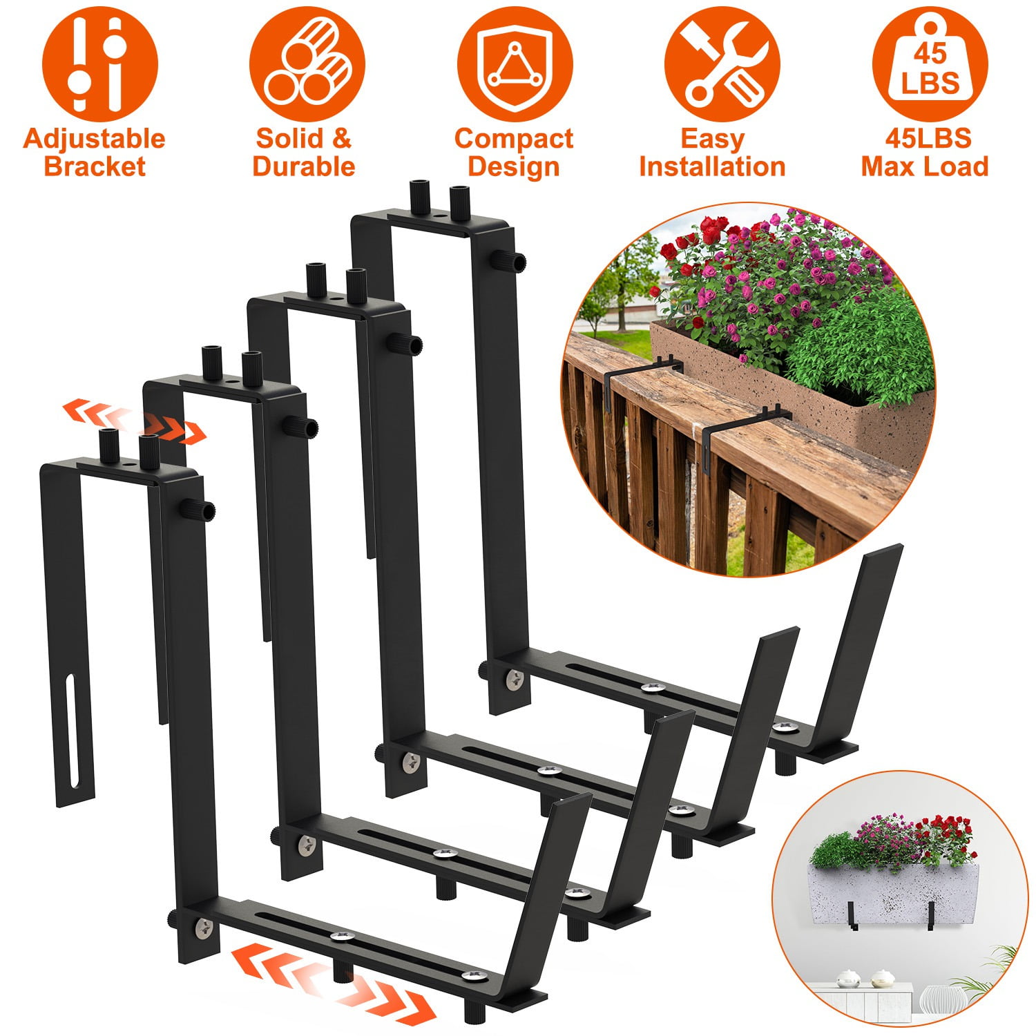 iMounTEK Adjustable Railing Planter Brackets, 4 Pack, No Drill, Black ...