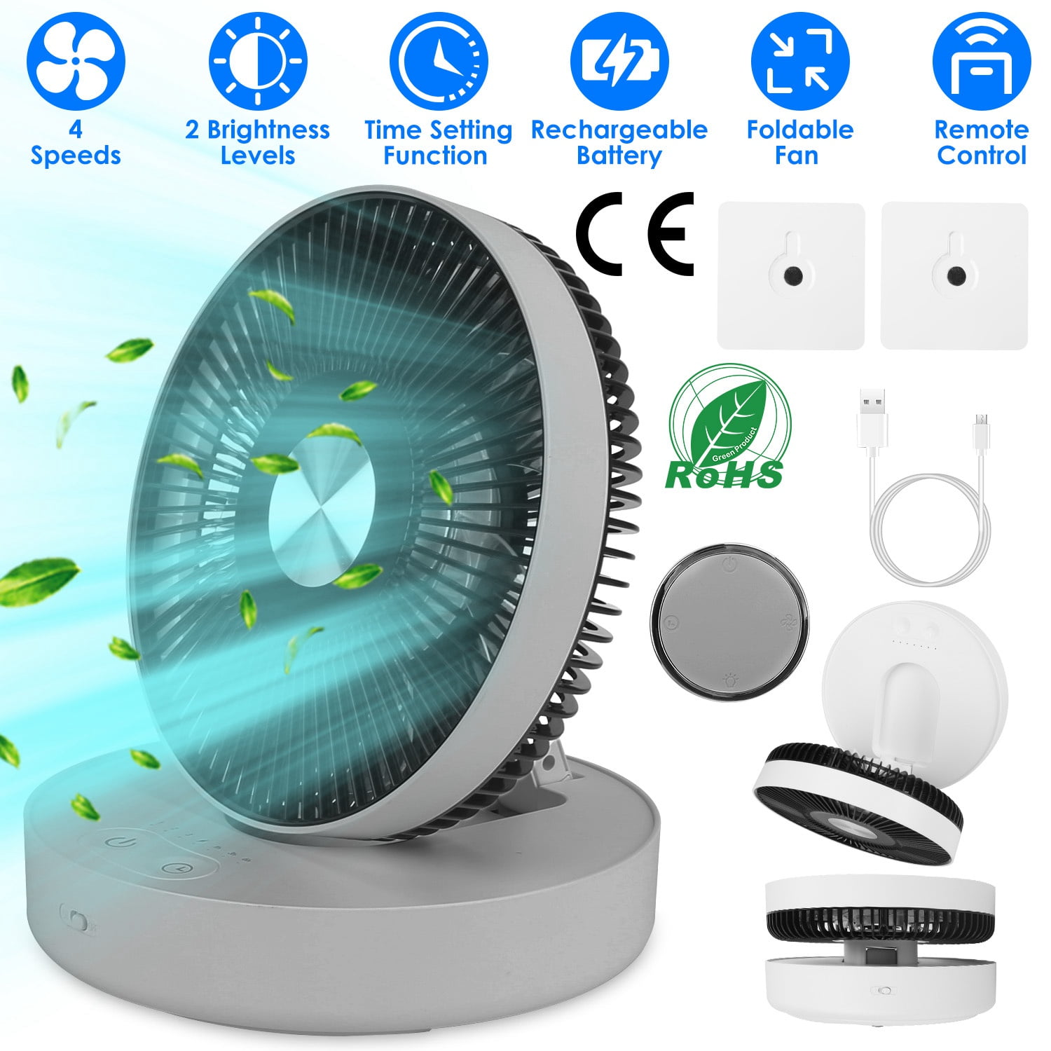 Moclever Rechargeable LED Desk Fan, Foldable Hanging Fan Wall Mounted ...