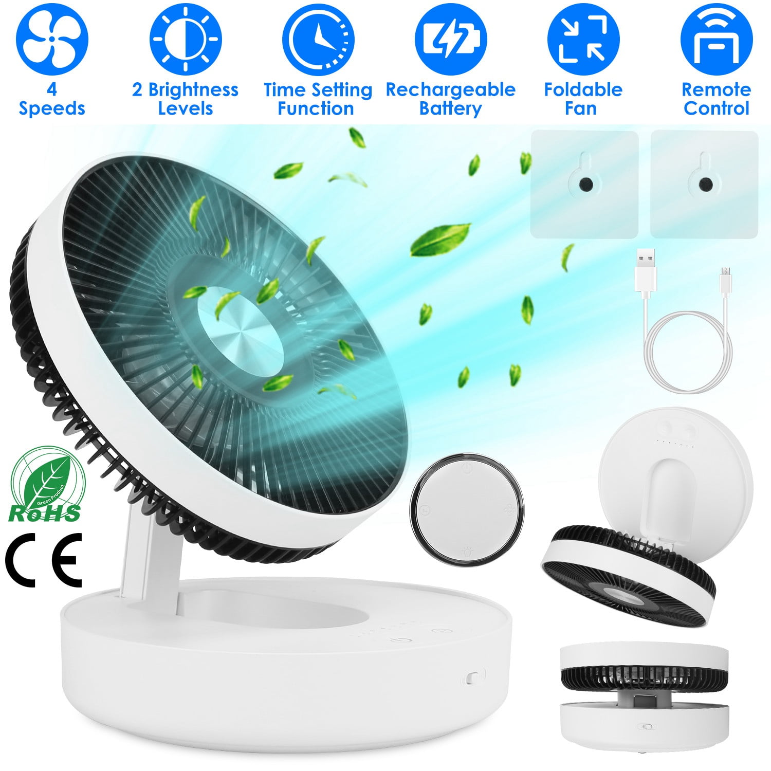 Moclever Rechargeable LED Desk Fan, Foldable Hanging Fan Wall Mounted ...