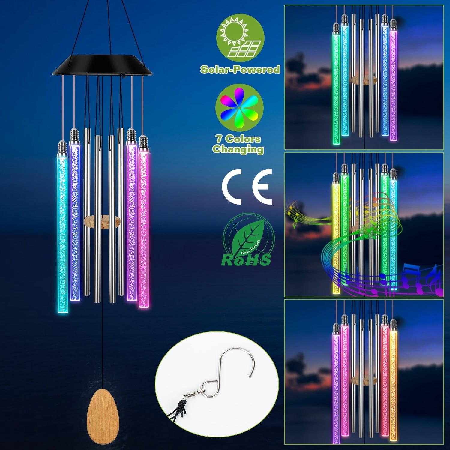 TeqHome Solar Powered Lights Wind Chime Changing Colors Waterproof ...