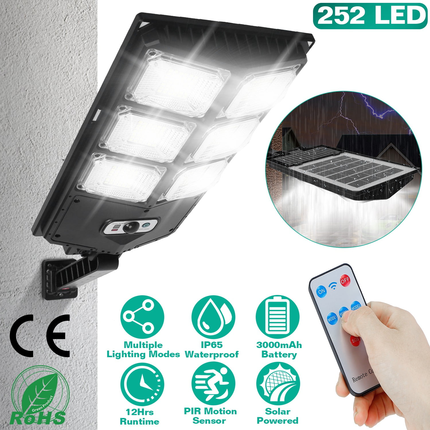 Moclever Solar Powered Wall Light 252 LED Beads PIR Motion Sensor Lamp ...