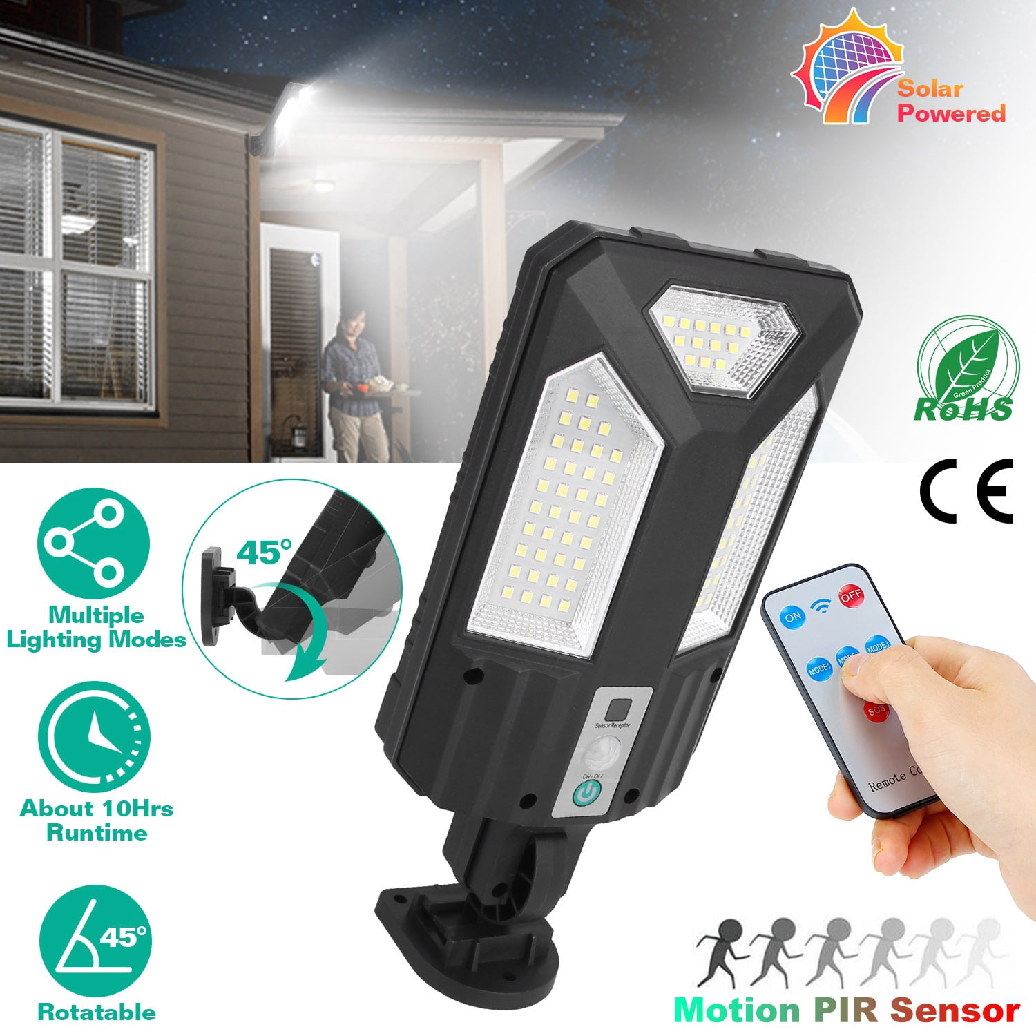 Moclever Solar Wall Light 87 LED Beads PIR Sensor Lamp Outdoor Remote ...