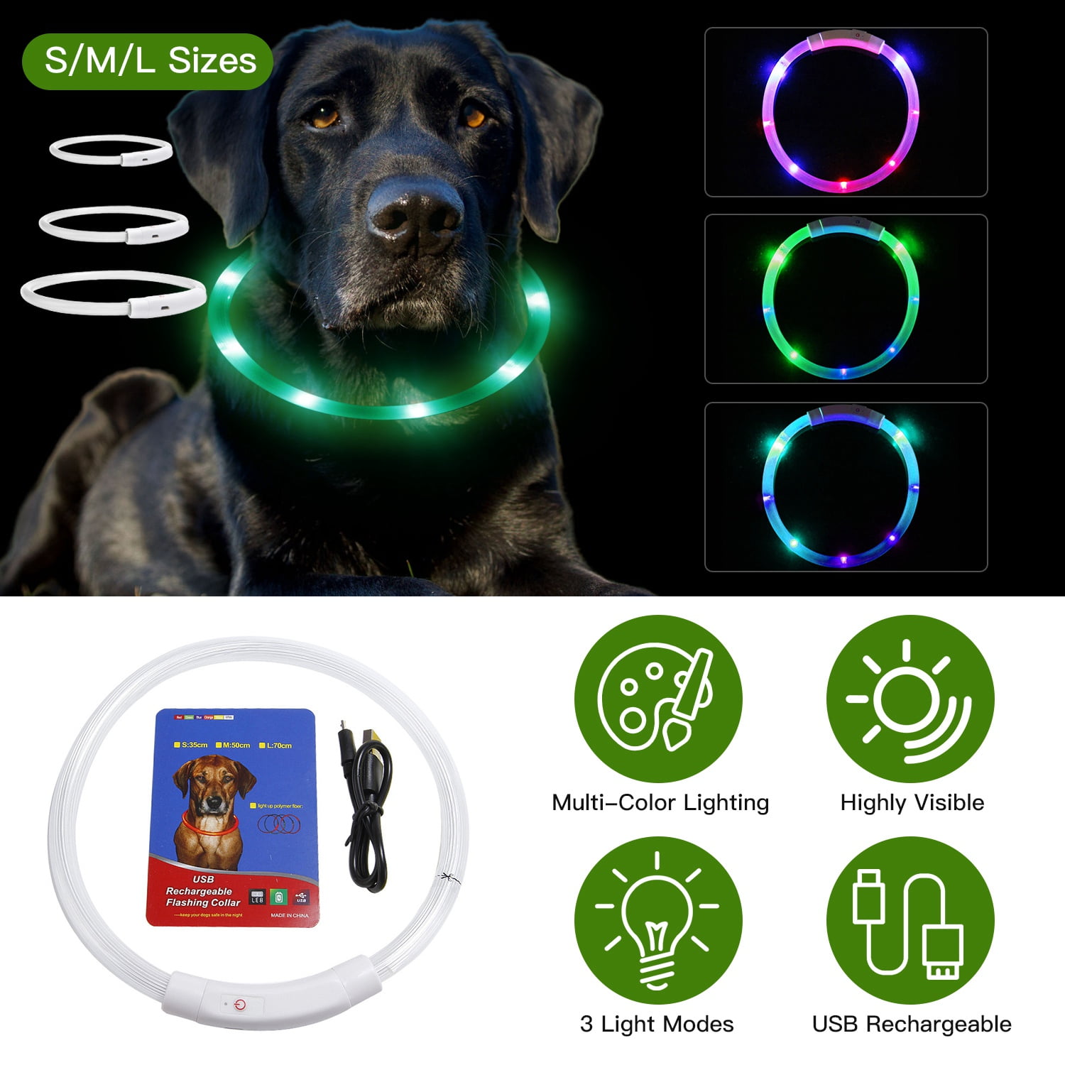 Moclever USB Rechargeable LED Dog Collar Multi-Color Lighting Cuttable ...