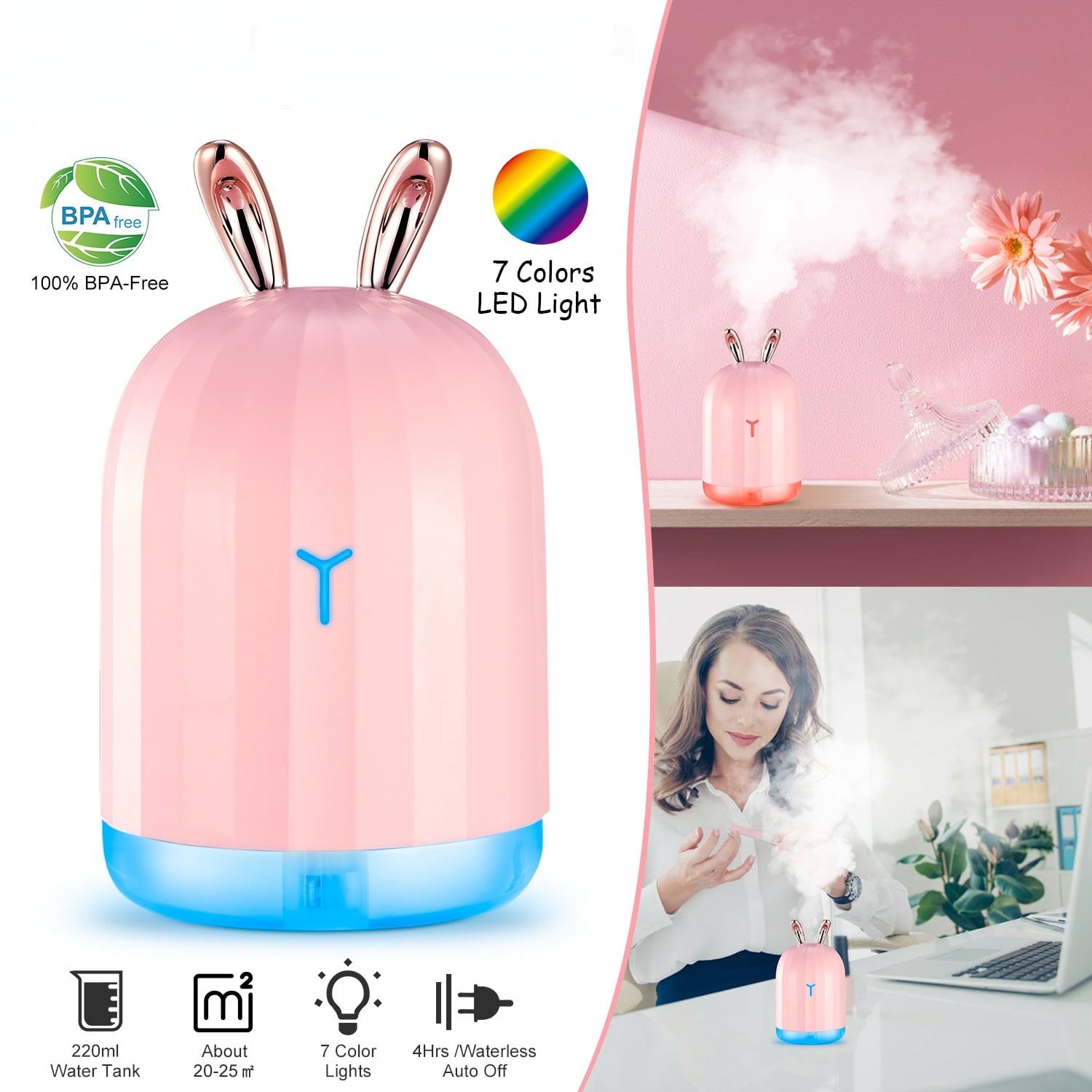 Moclever Ultrasonic Humidifier 220ml Cool Mist Humidifier with 7 Color ...