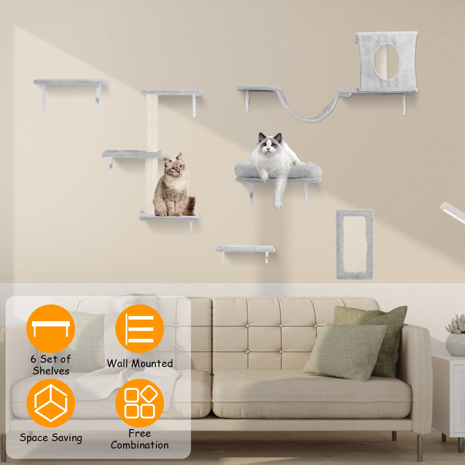 TeqHome Wall Mounted Cat Wall Shelves Set of 6 with Cat Tree Cat Perch ...